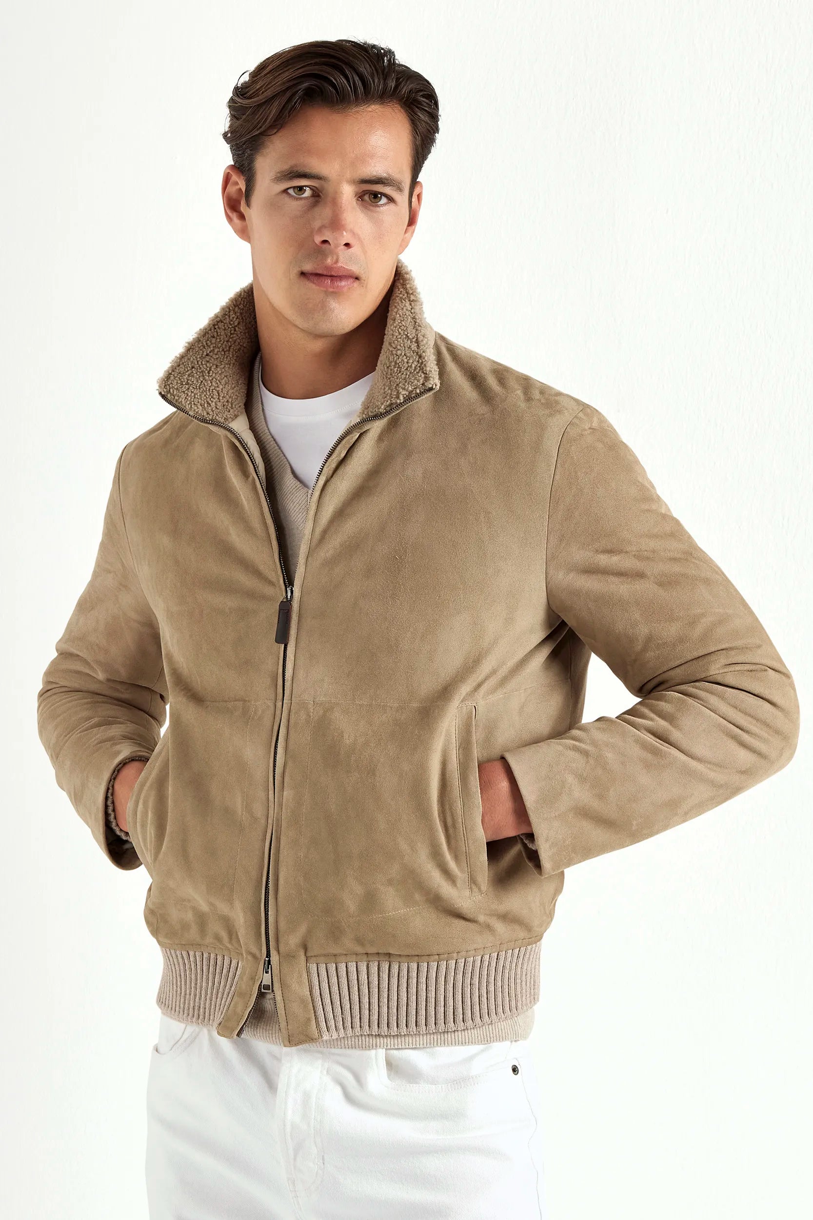Taupe suede bomber with shearling collar | Made in Italy | Pini Parma