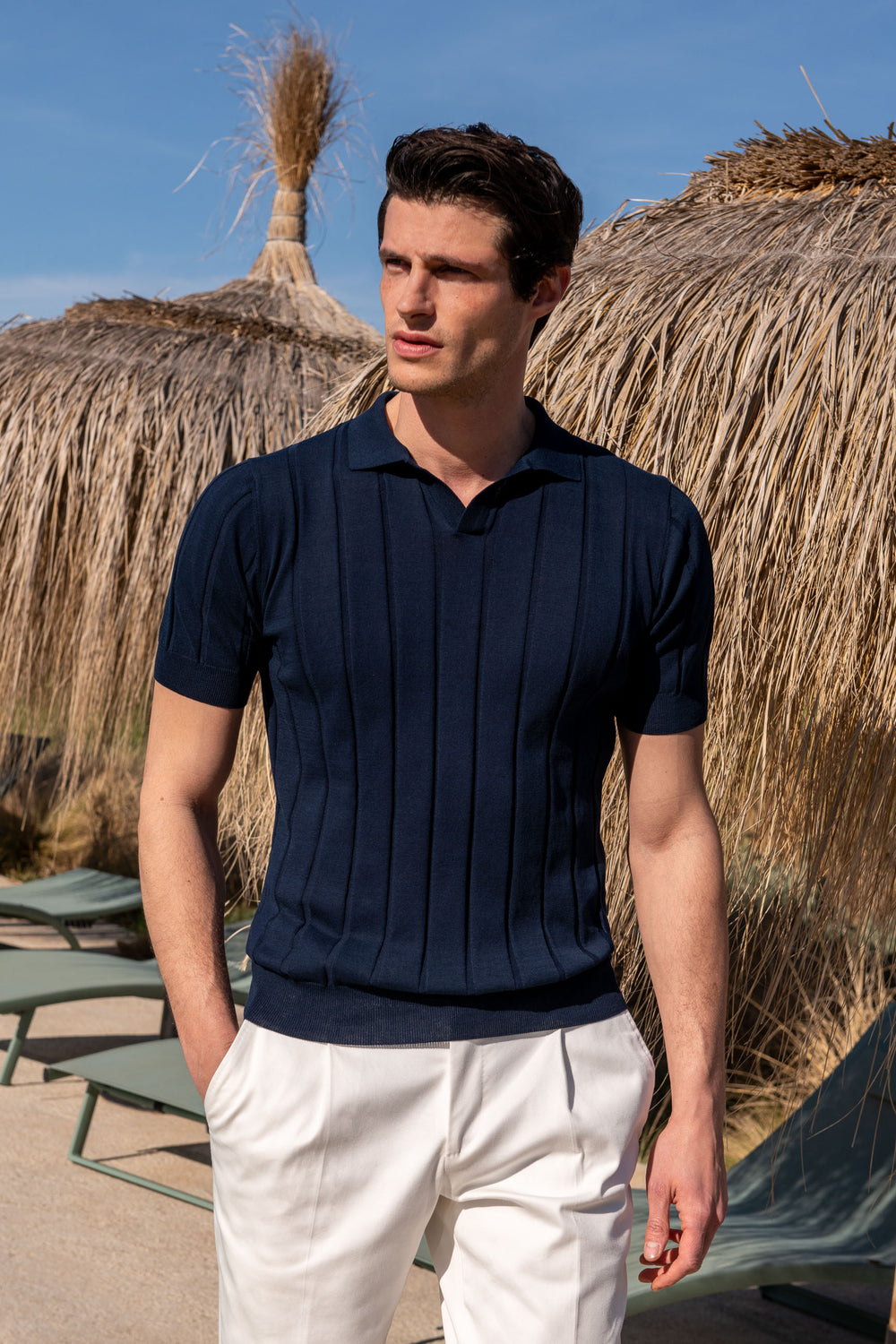 Blue ribbed polo - Made in Italy