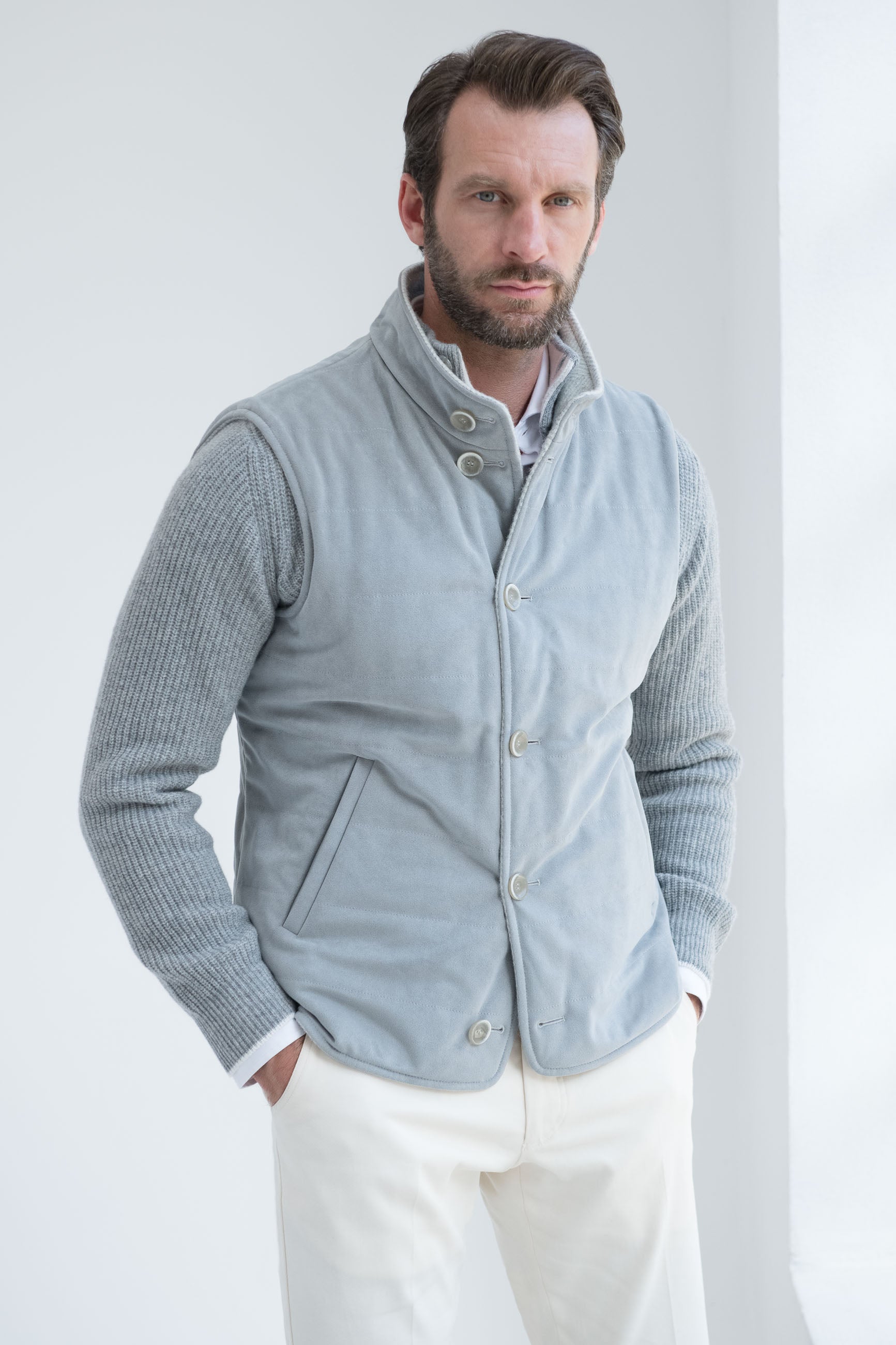 Light grey herringbone reversible vest| Made in Italy | Pini Parma