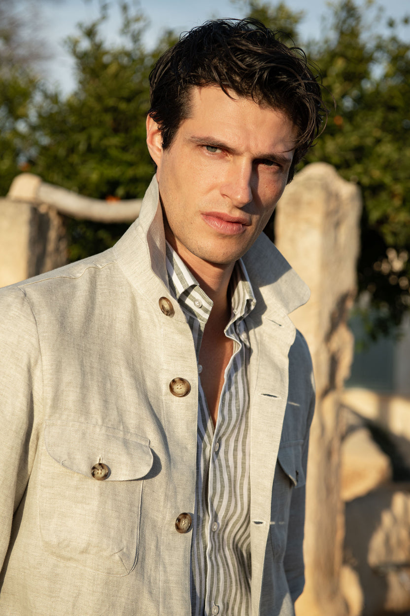 Beige herringbone linen Safari Jacket | Made in Italy | Pini Parma