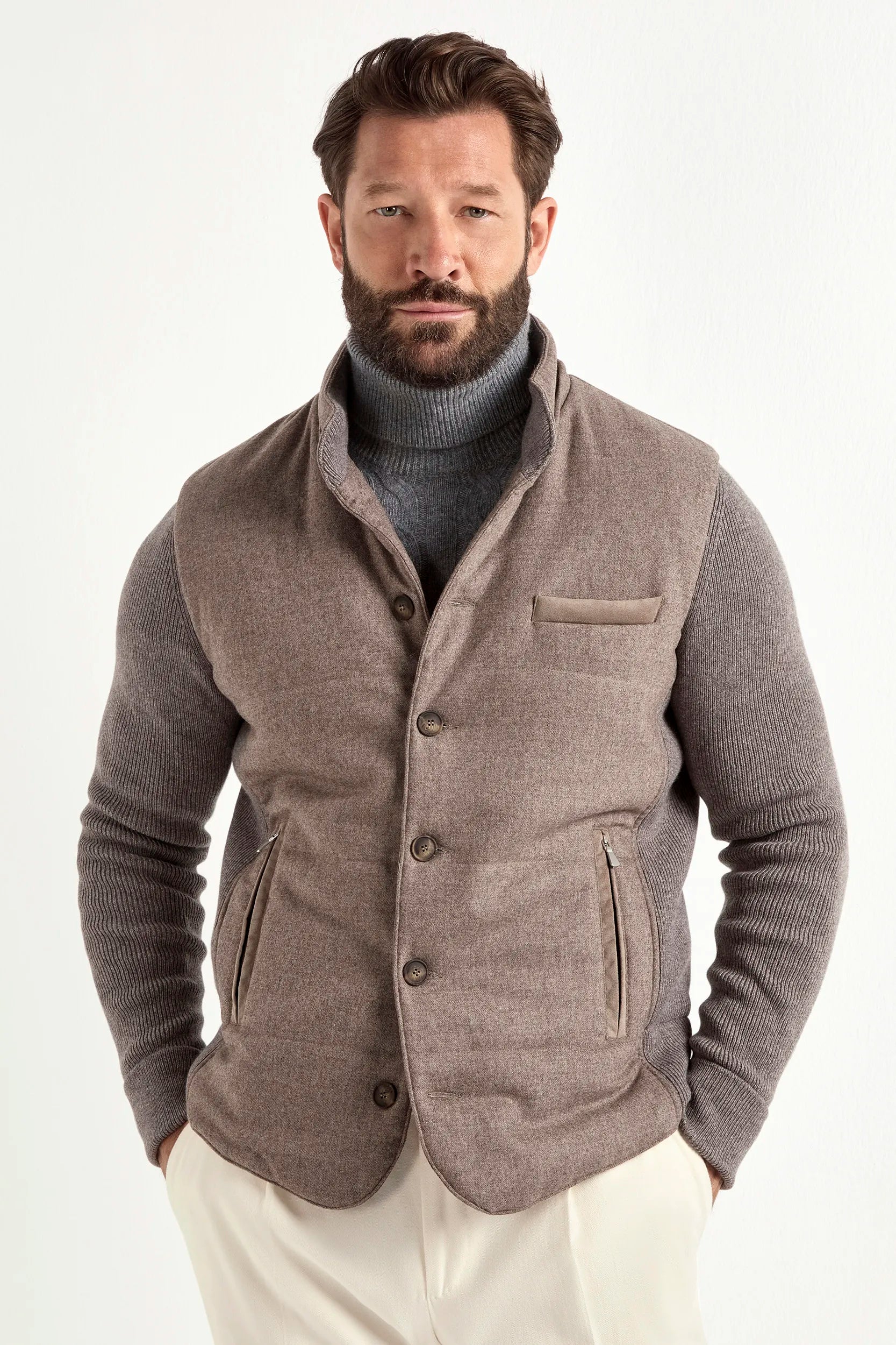 Taupe flannel and knit hooded jacket | Made in Italy | Pini Parma