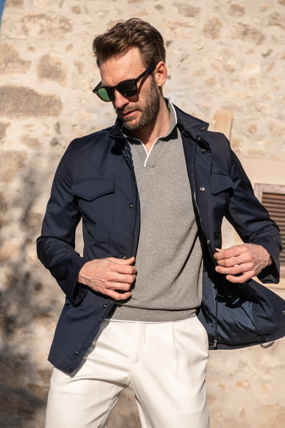 Blue field jacket in Loro Piana Green Storm System® wool - Made in Ita