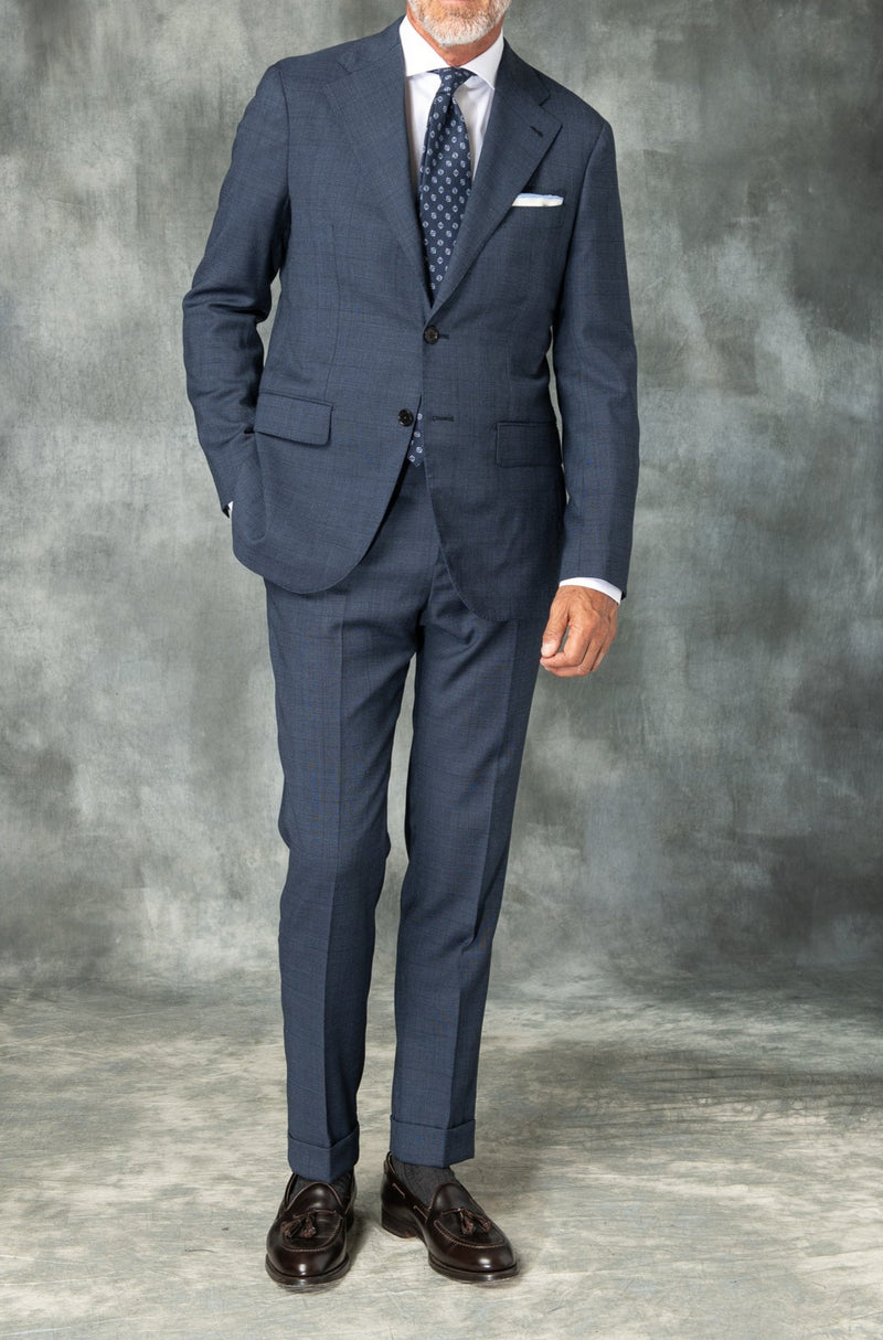 Blue Avio Prince of Wales Full Canvas suit in Loro Piana Wool - Made i