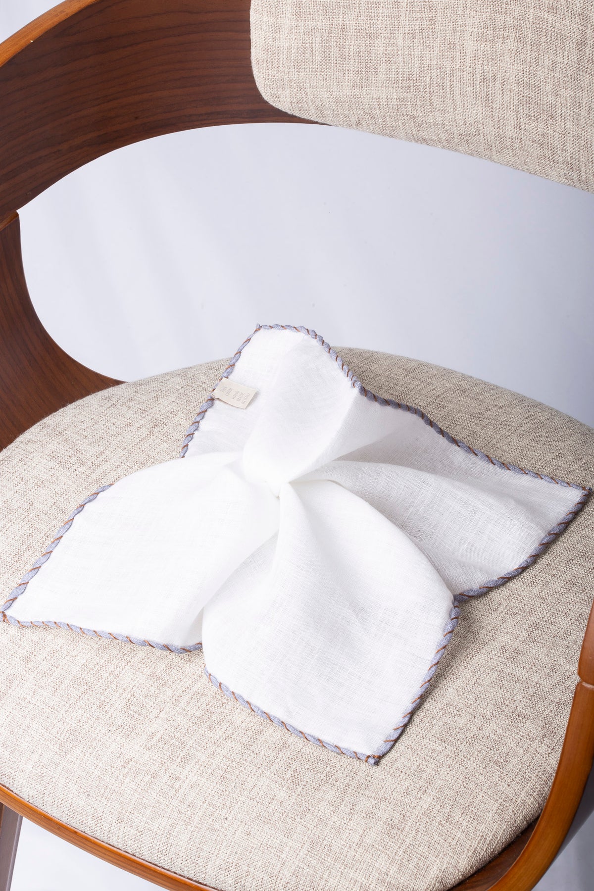 White linen pocket square with grey and cognac edges - Made in Italy